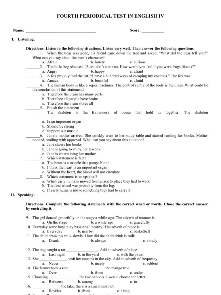 Fourth Periodical Test in English IV | PDF