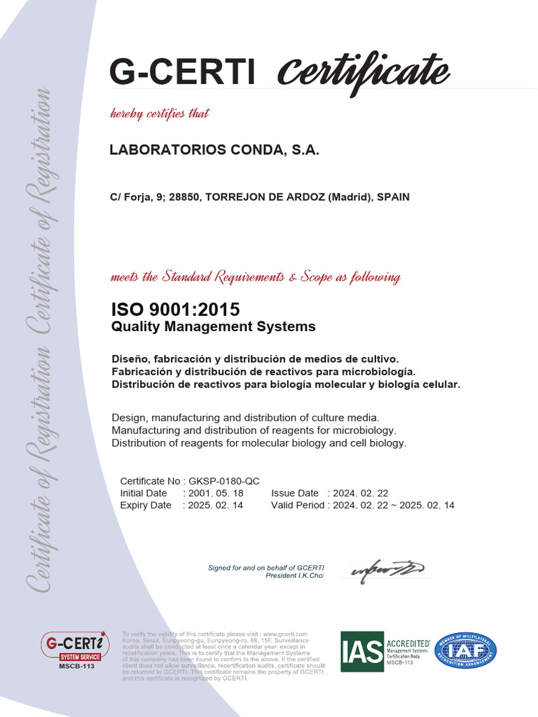 Certificación ISO 9001:2015 Laboratorios CONDA | PDF