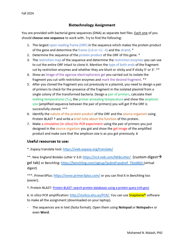 Biotechnology Assignment Fall 24 1 | PDF | Primer (Molecular Biology) | Dna Sequencing