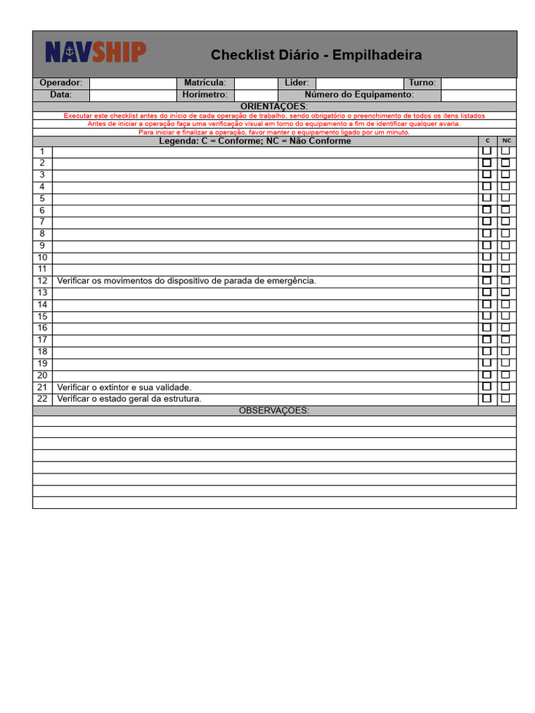 Checklist Diário EMPILHADEIRA | PDF