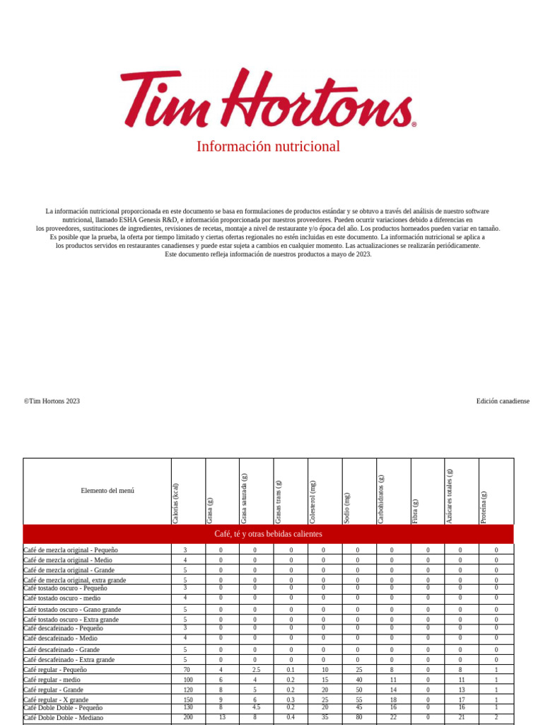 Guía de Nutrición de Tim Hortons - Mayo 2023 | PDF | Etiqueta de ...