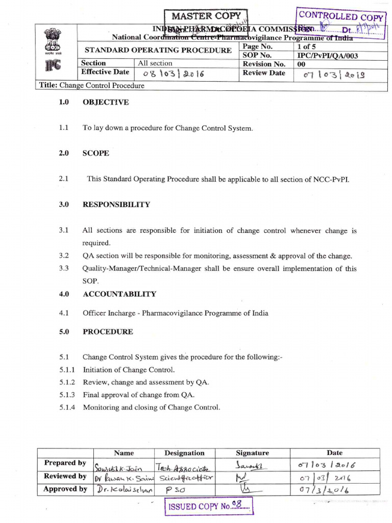 SOP QA003 Change Control Procedure | PDF