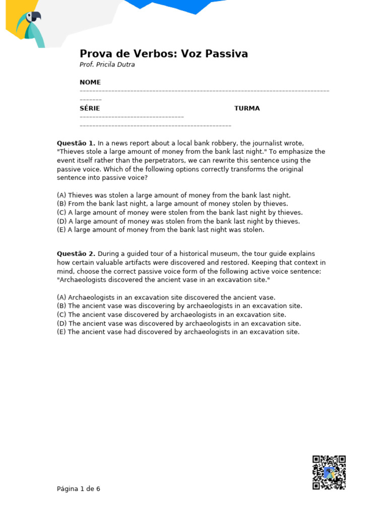 Prova de Verbos: Voz Passiva | PDF | Subject (Grammar) | Syntax