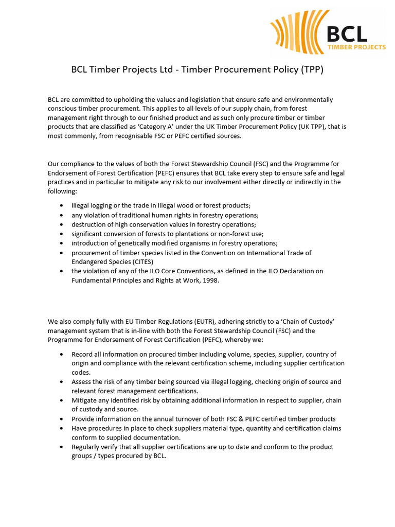 BCL - Timber Procurement Policy | PDF | Forest Stewardship Council