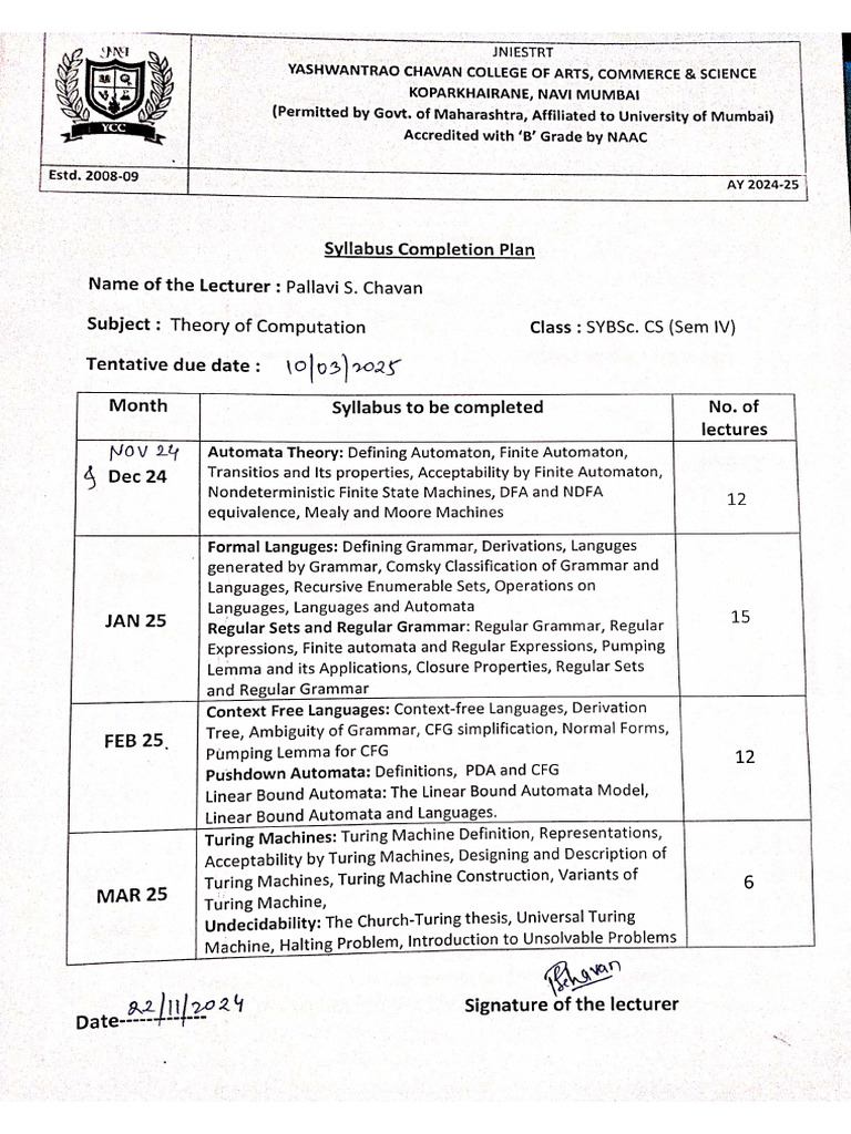 SYBSc - Cs SEM 4 Syllabus Completion Plan | PDF