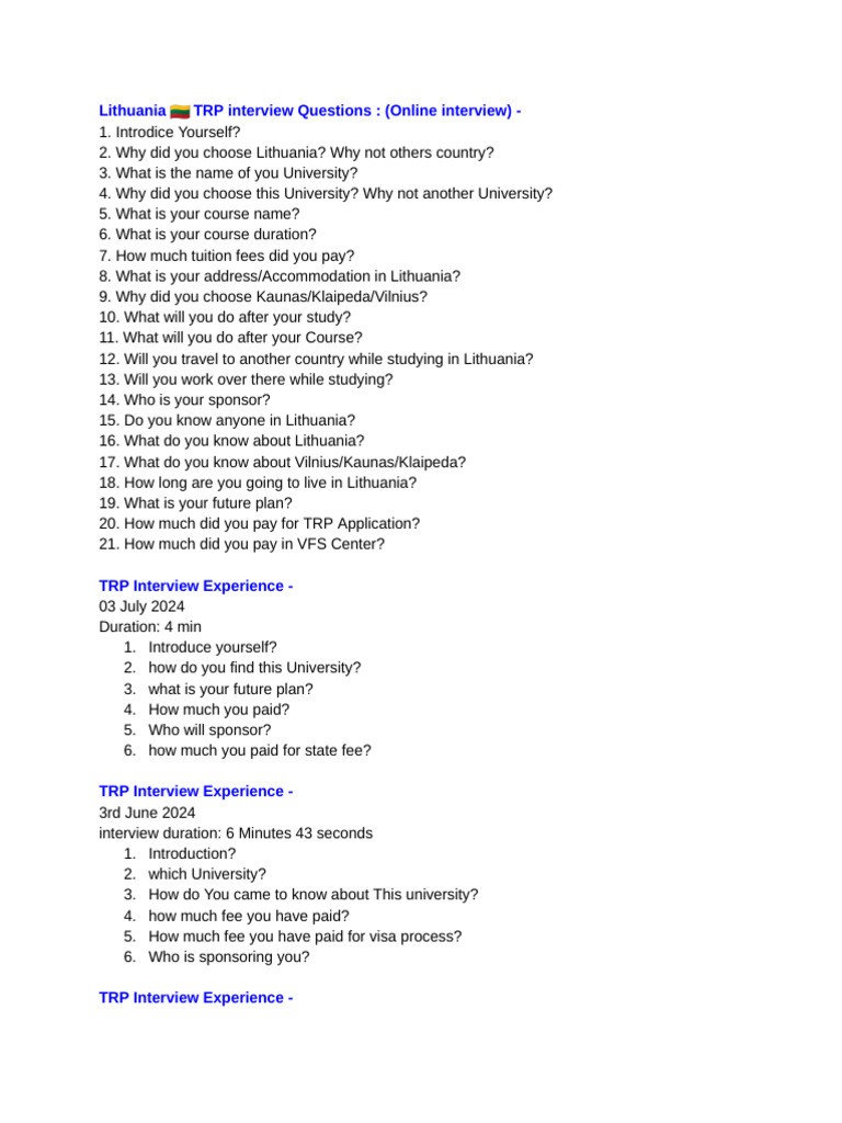 Lithuania TRP Interview Questions by Sami | PDF | Human Migration