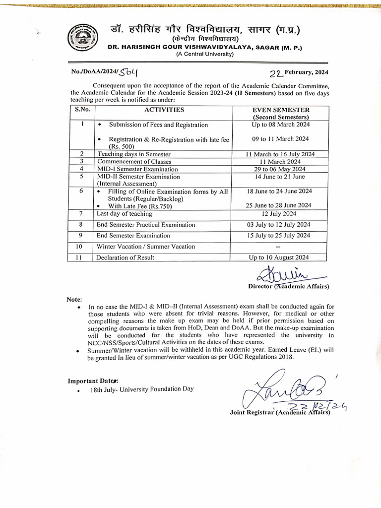 Academic Calendar II Semesters 2023 24 | PDF
