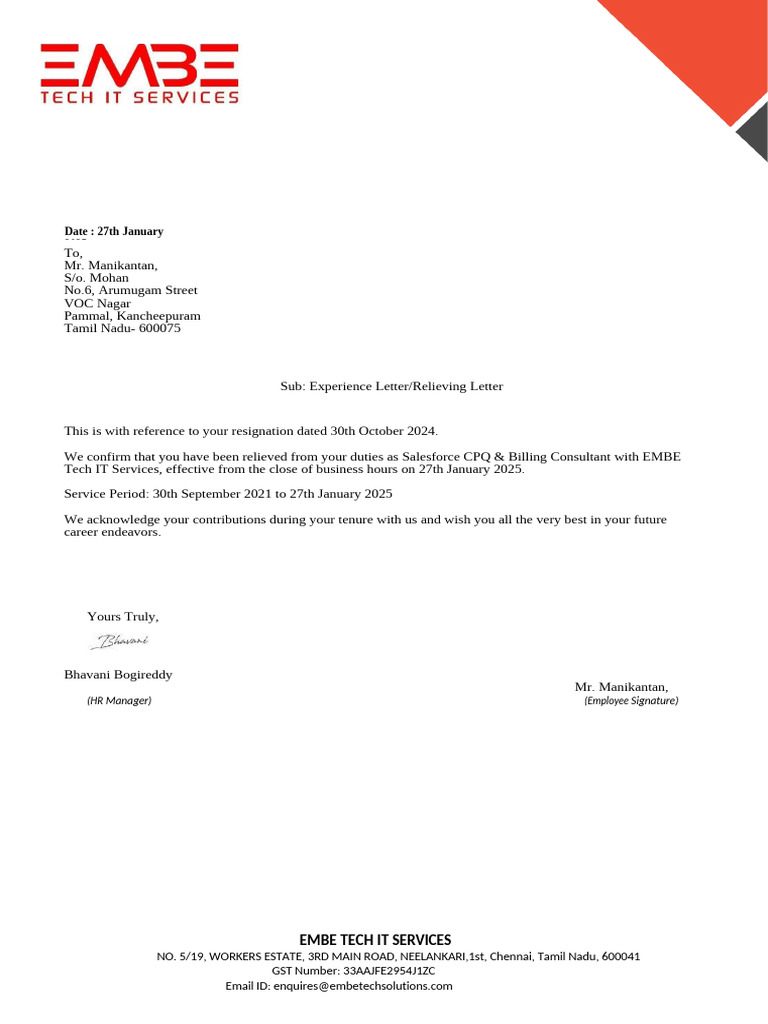 ManiKandan - Relieving & Experience Letter | PDF