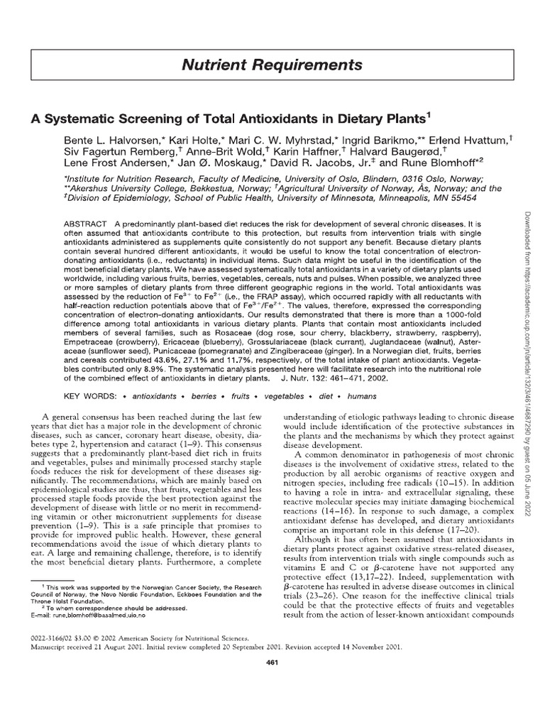 I. A Systematic Screening of Total Antioxidants in Dietary Plants | PDF