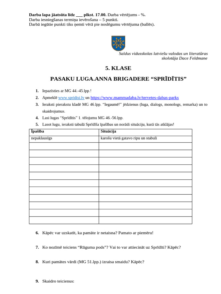5 Klase Spriditis Literatura | PDF