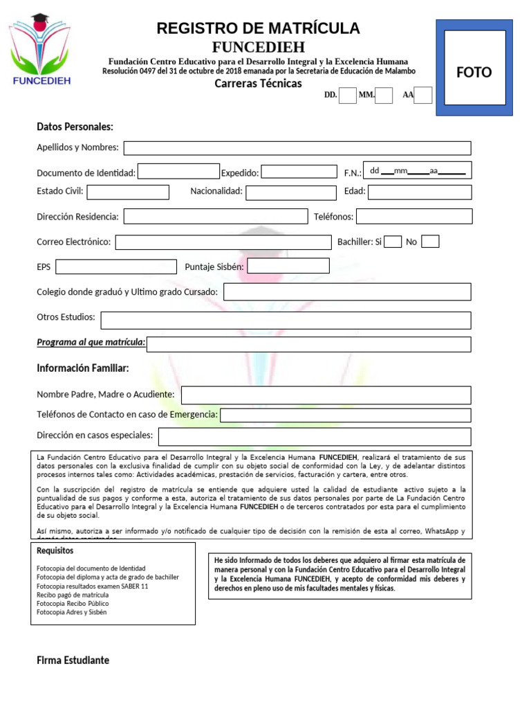 Formatos Matriculas | PDF