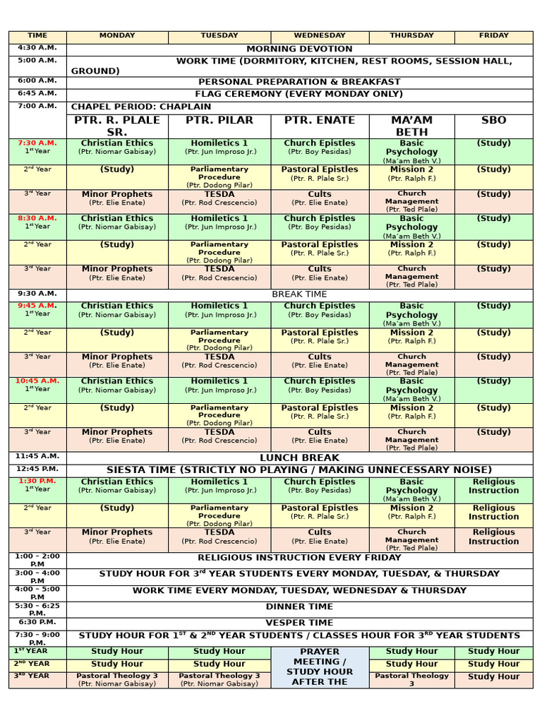 Weekly Schedule for Bible Institute | PDF