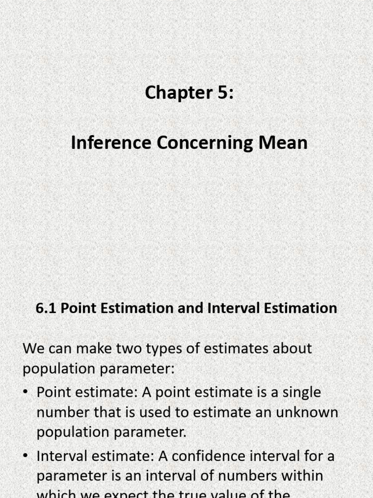 Chapter 5 Infernece Concerning Mean - 081fa6ed Cdae 4e5f Afc5 E9ab156488e0 | PDF | Estimator ...