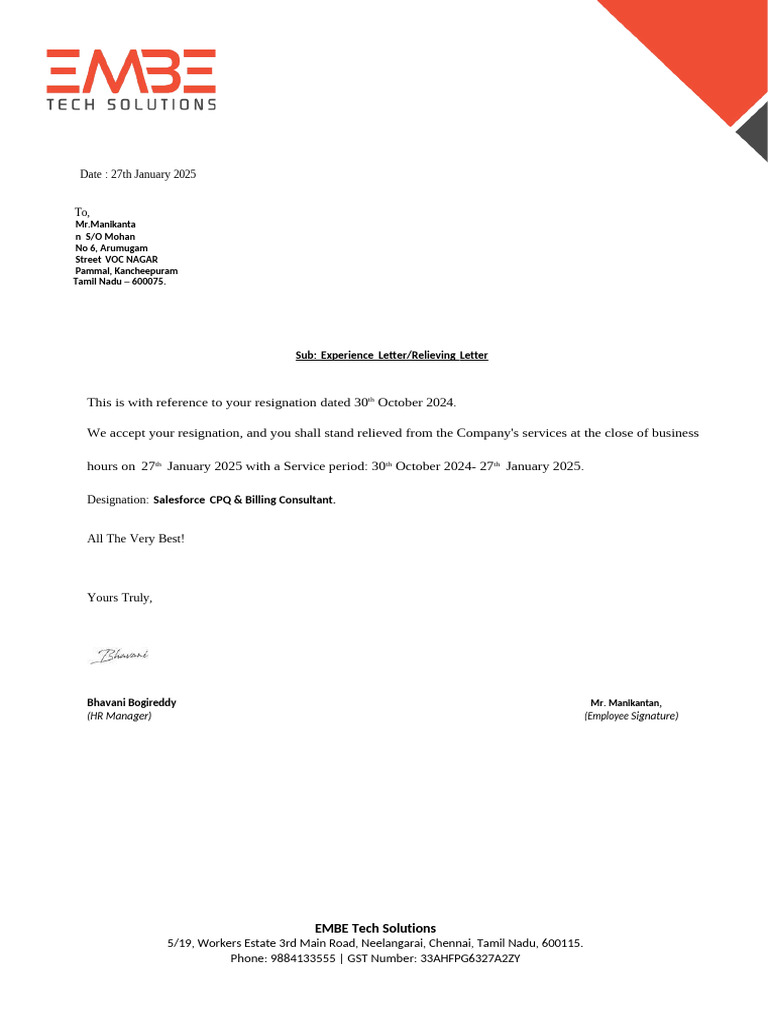 Experience & Relieving Letter 2025 | PDF