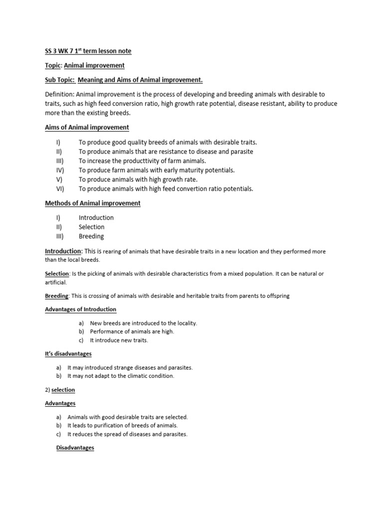 SS 3 WK 7 1st Term Lesson Notes | PDF | Selective Breeding | Mating