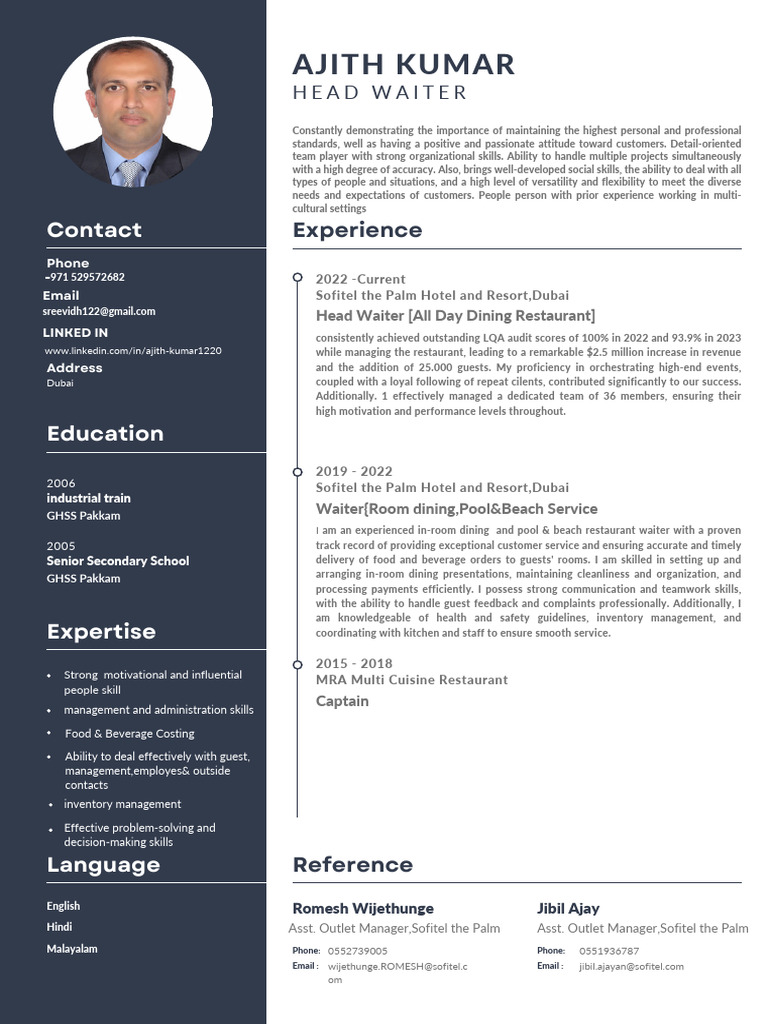 ajith - resume | PDF | Restaurants | Waiting Staff