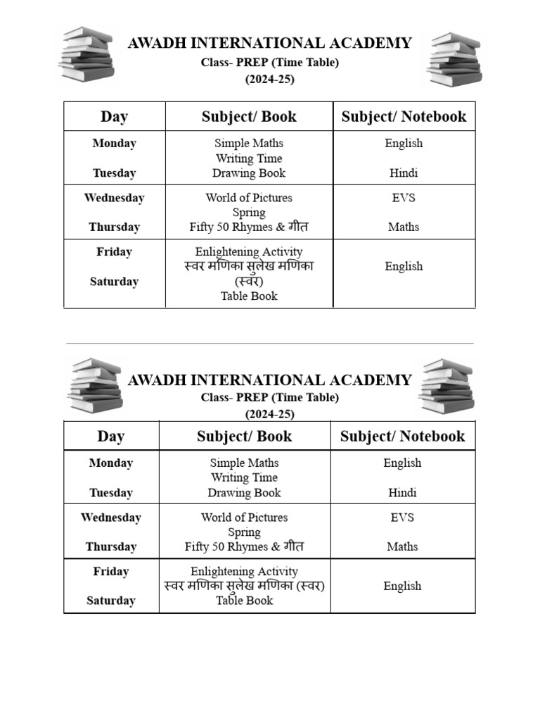 Awadh International Academy: Class-PREP (Time Table) (2024-25) | PDF