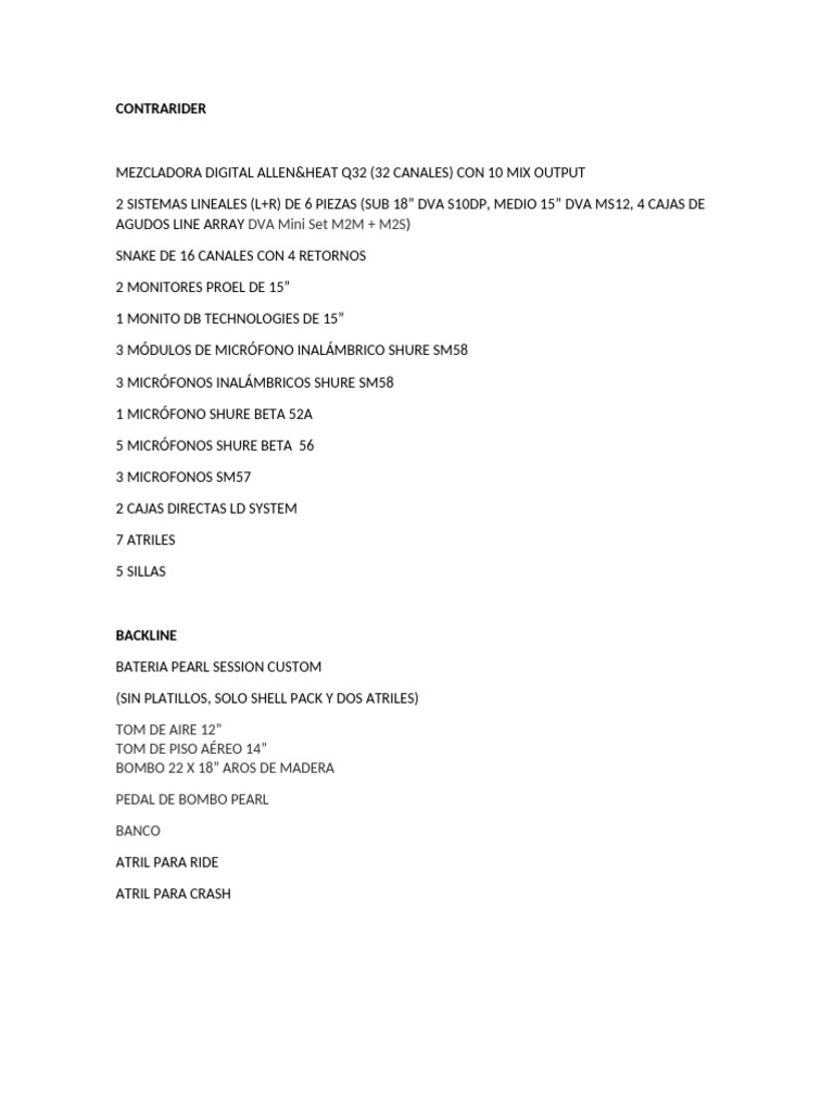 Rider Técnico: Equipo de Sonido y Backline | PDF