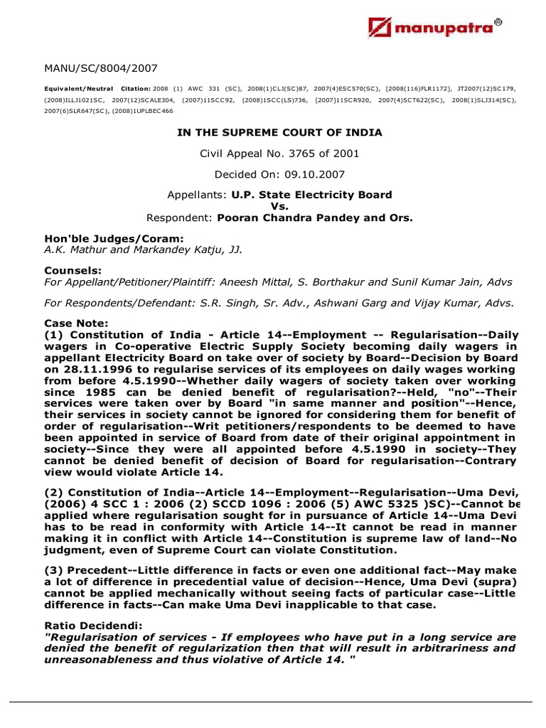 UP State Electricity Board Vs Pooran Chandra PandeS071103COM327396 | PDF | Precedent | Judgment ...