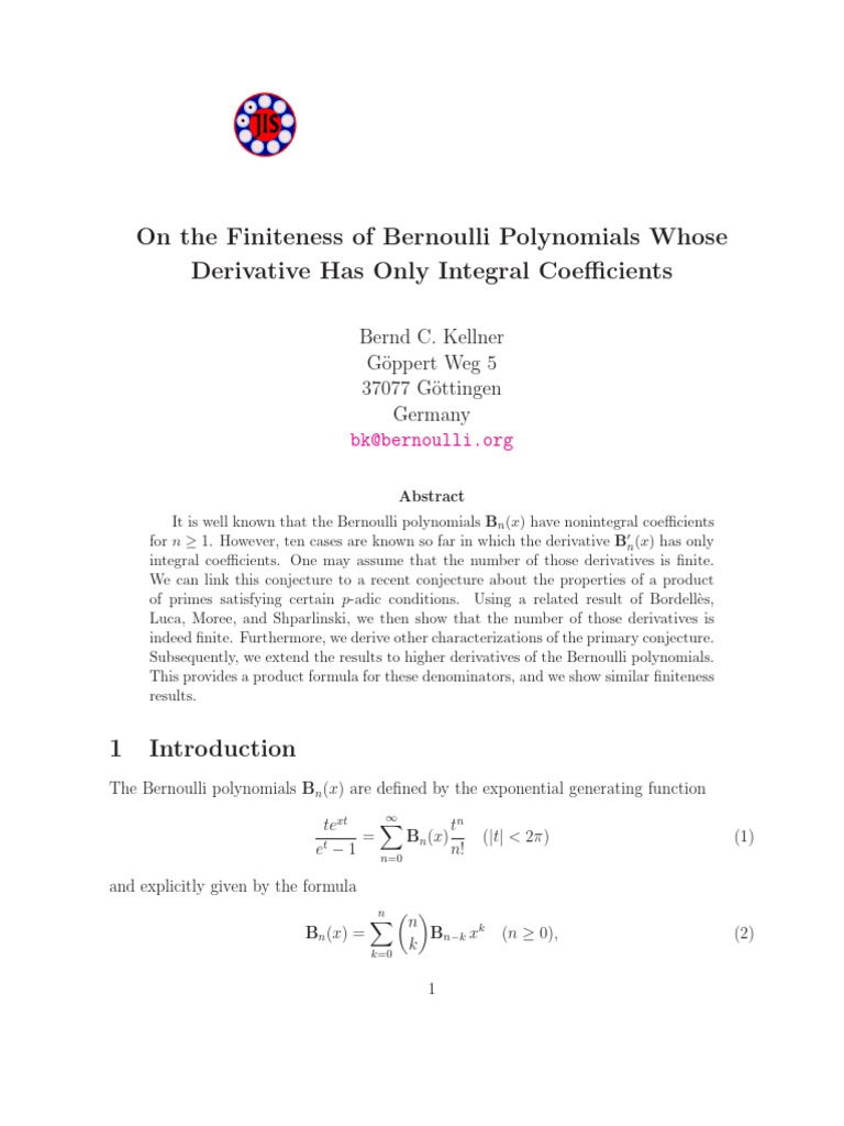 Group 3 On The Finiteness of Bernoulli Polynomials Whose Derivative Has Only Integral ...