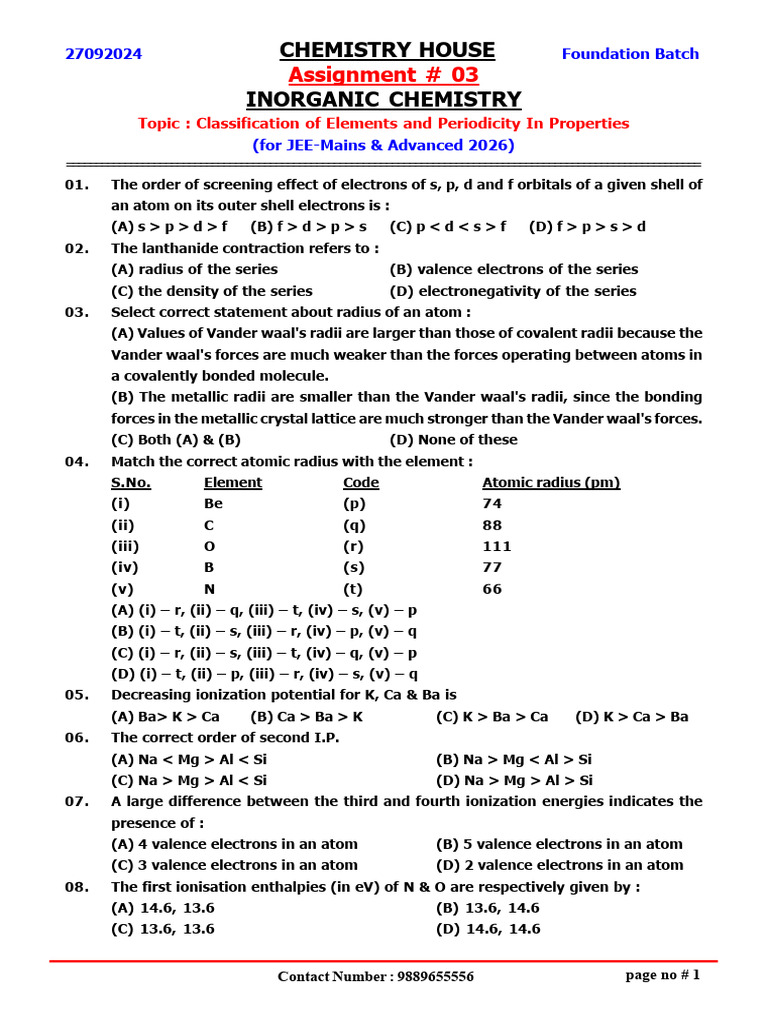 Assignment 03 Periodic Table (27-09-2024) - 240927 - 163314 | PDF ...