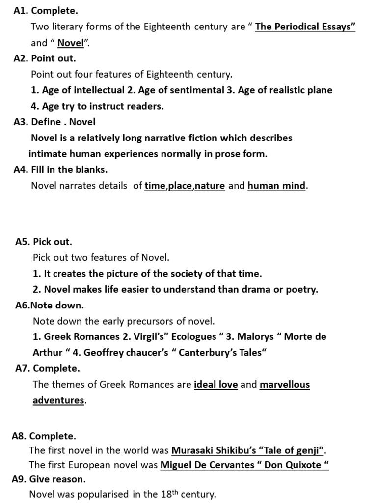 History of the Novel: Class 12 Notes | PDF | Novels | Chivalric Romance