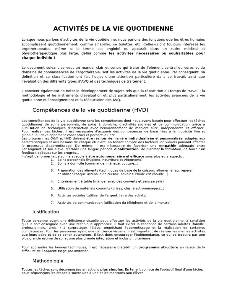 Activités de la Vie Quotidienne pour AVQ | PDF | Ergothérapie ...