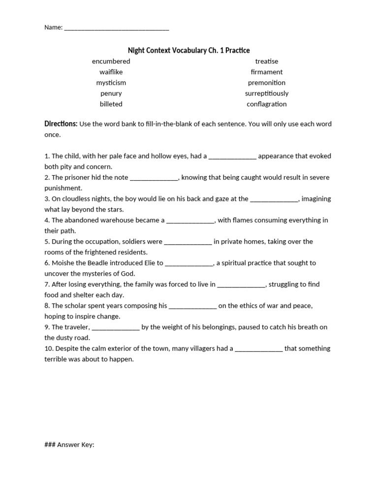 Night Vocabulary Ch. 1 Practice | PDF