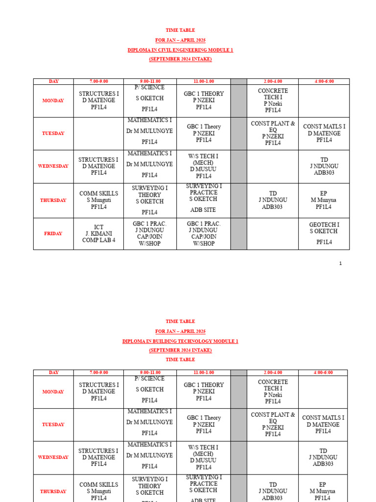 Civil Engineering Timetable 2025 | PDF