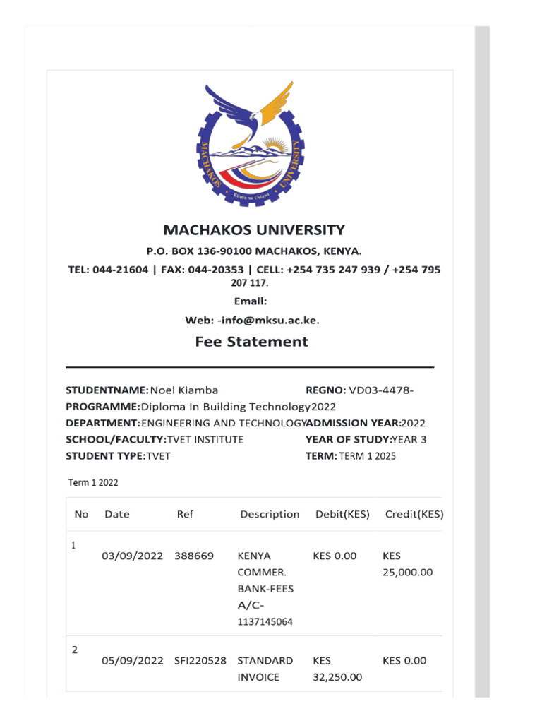 Machakos University Fee Statement 2025 | PDF
