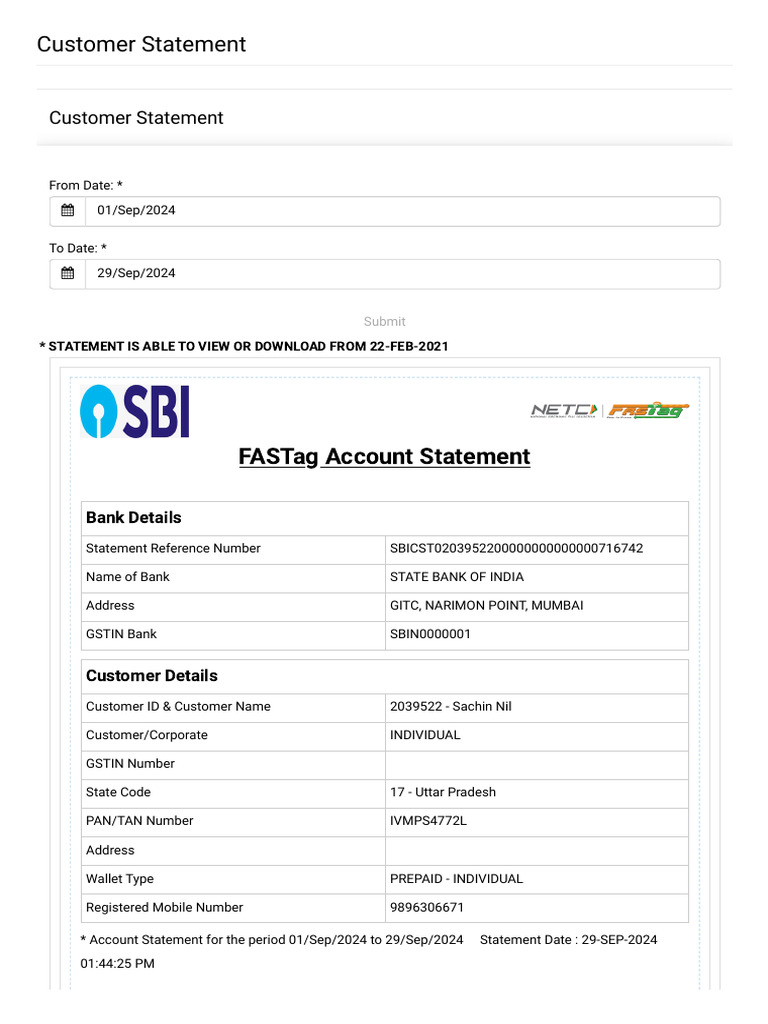 Sbi Fastag Statement 2039522 - Sachin Nil From 01 Sep 2024 To 29 Sep ...
