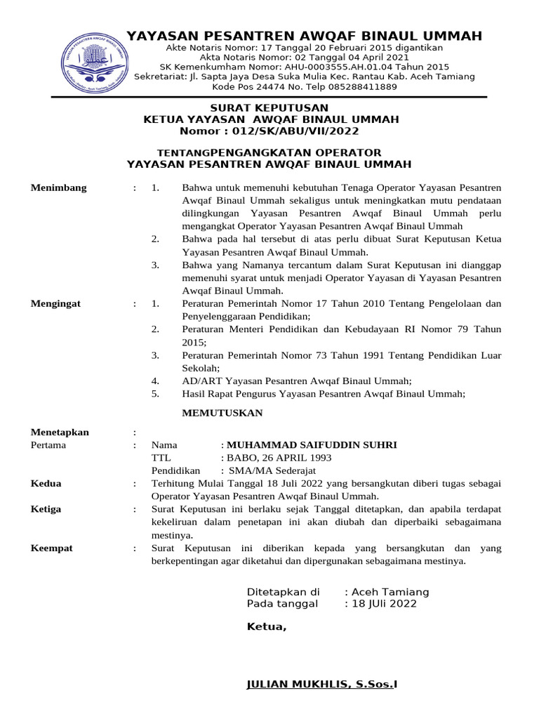 SK Operator Yayasan | PDF