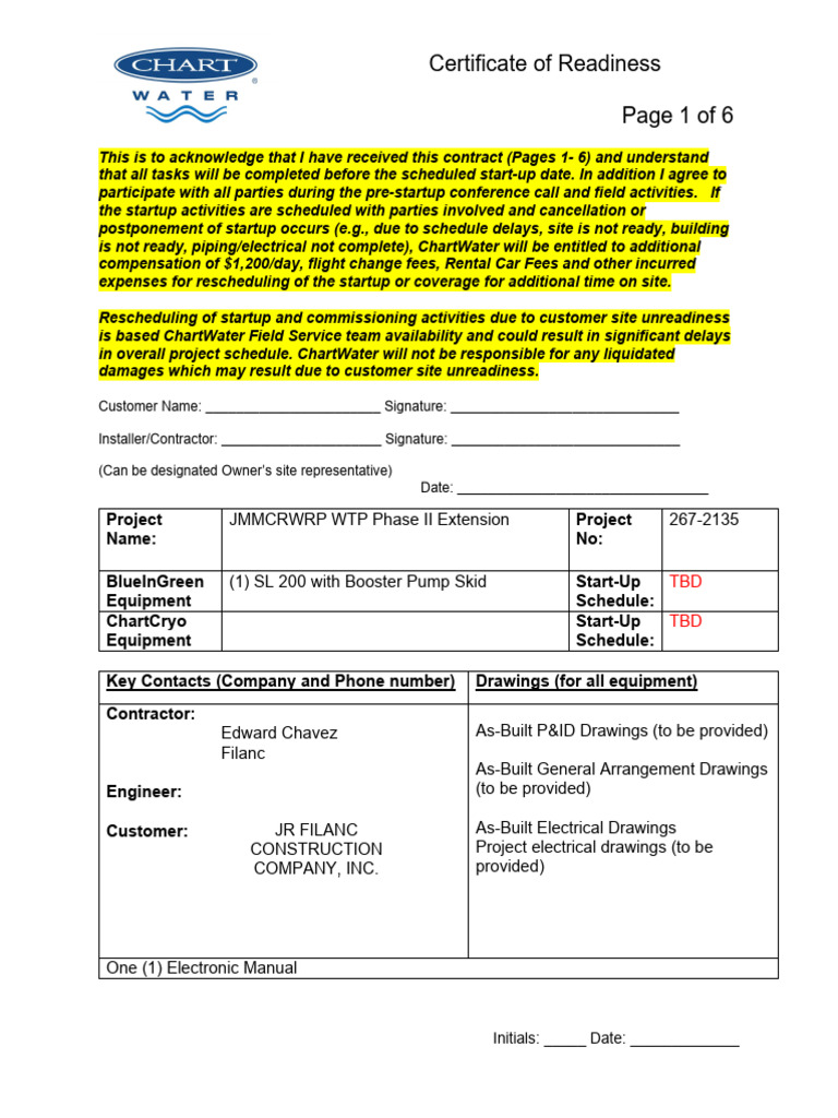 Certificate of Readiness - Template | PDF | Mechanical Engineering