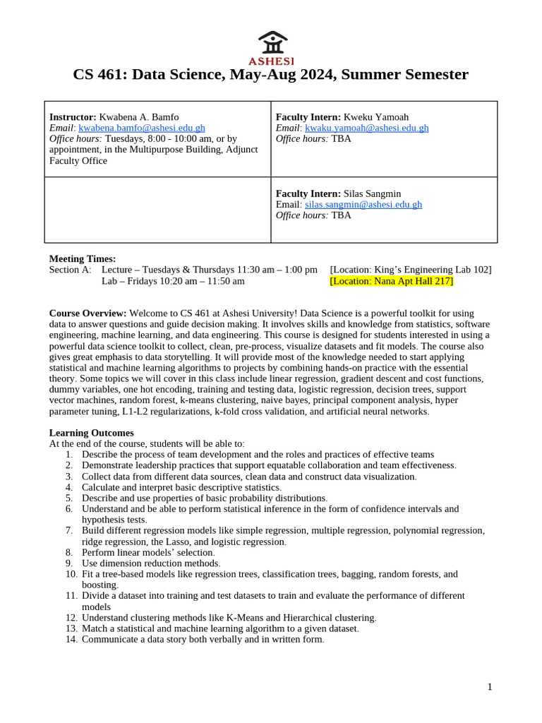CS 461 - Summer 2024 Syllabus | PDF | Regression Analysis | Statistics