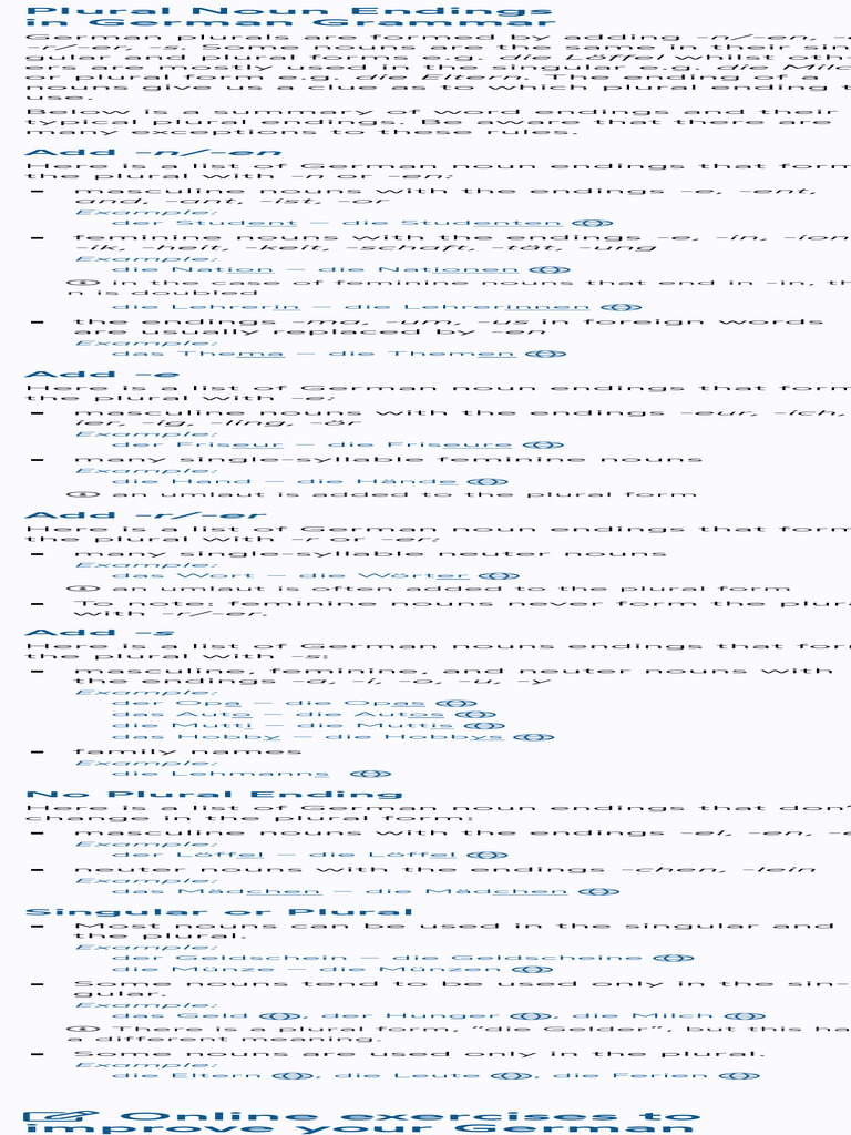 German Plural Noun Endings Guide | PDF | Plural | Grammatical Gender