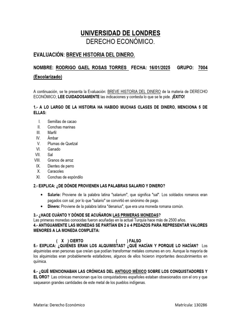 Evaluación - Breve Historia Del Dinero RGRT | PDF | Moneda | Dólar de ...