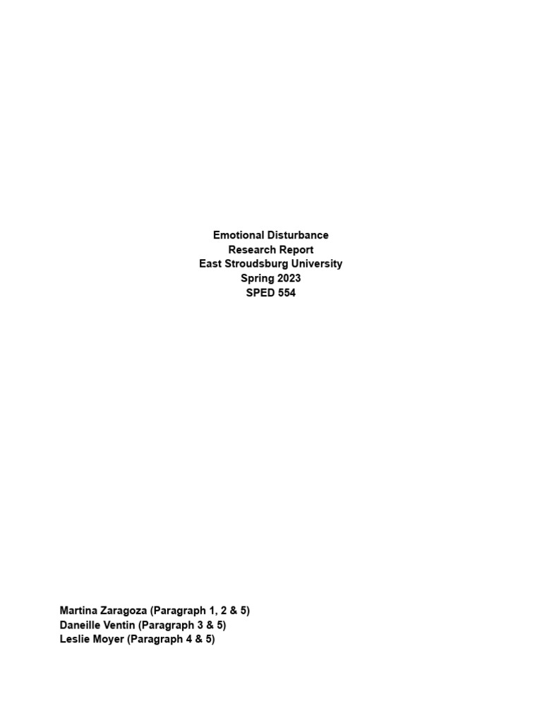 Emotional Disturbance Research Paper - SPED 554 - Spring 2023 | PDF ...