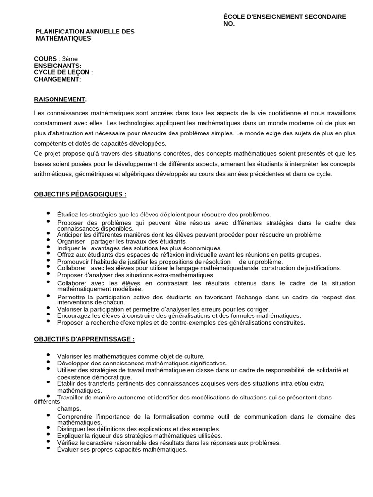 Planification annuelle maths 3ème | PDF | Mathématiques | Fonction ...