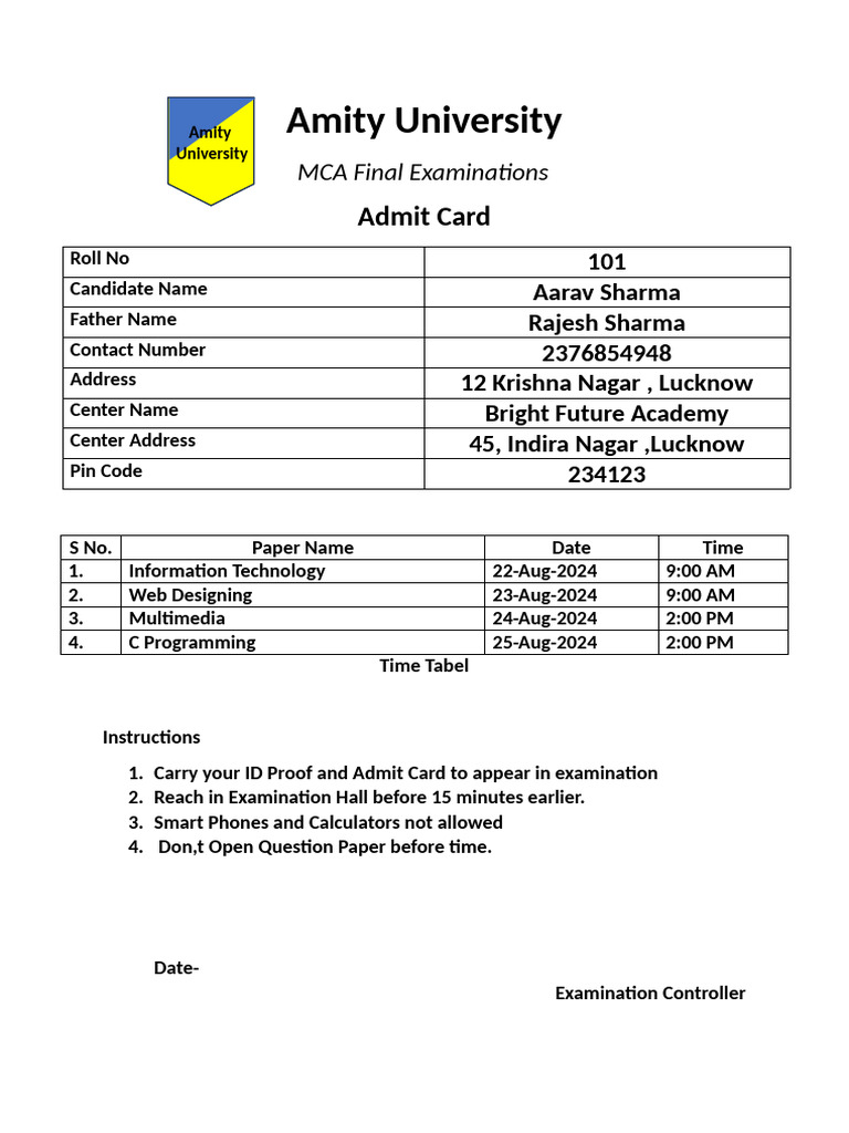 Amity University Final Admit Card 2024 by Prabhat | PDF | Access ...