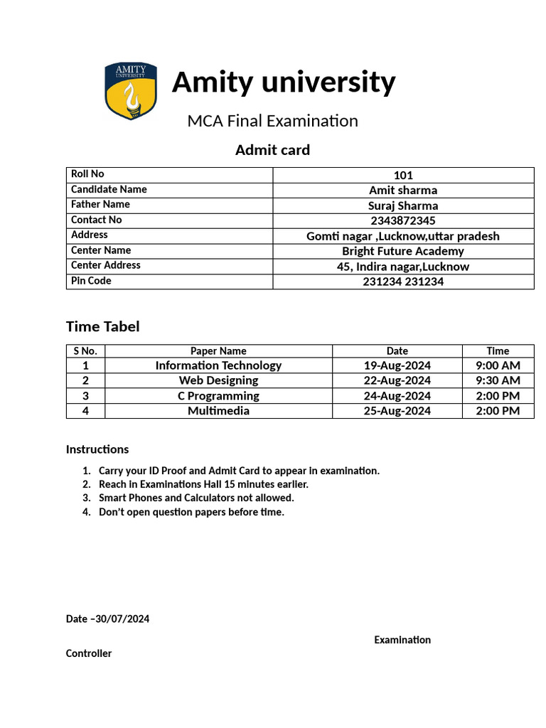 Amity University Final Admit Card 2024 | PDF