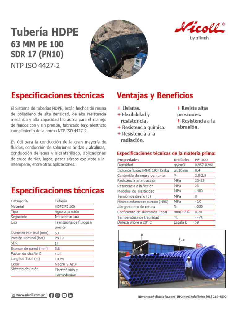 Ficha Tecnica HDPE LISO SDR 17 - 63mm y 90mm | PDF | Tubería (transporte de fluidos) | Pascal ...