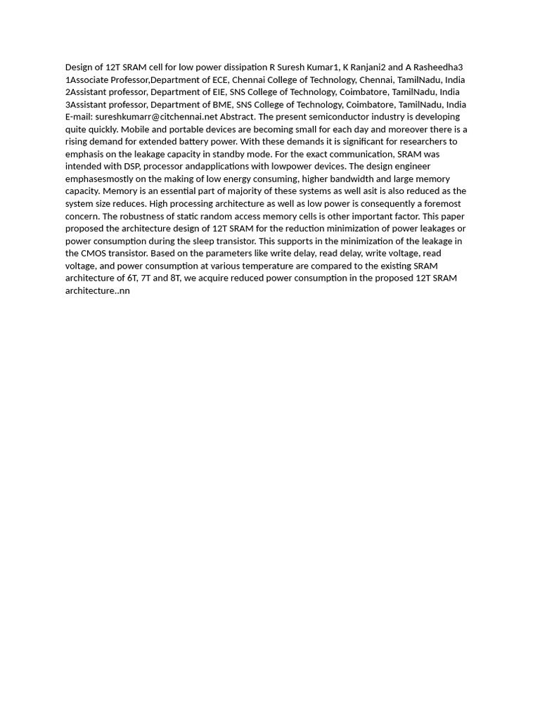 Design of 12T SRAM Cell For Low Power Dissipation R Suresh Kumar1 | PDF