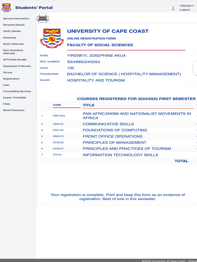 UCC 2024/2025 Semester Registration Form | PDF