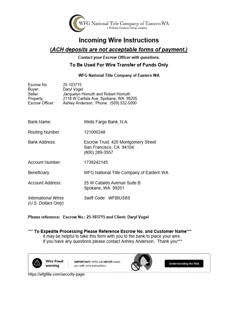 Wire Transfer Instructions for WFG Title | PDF