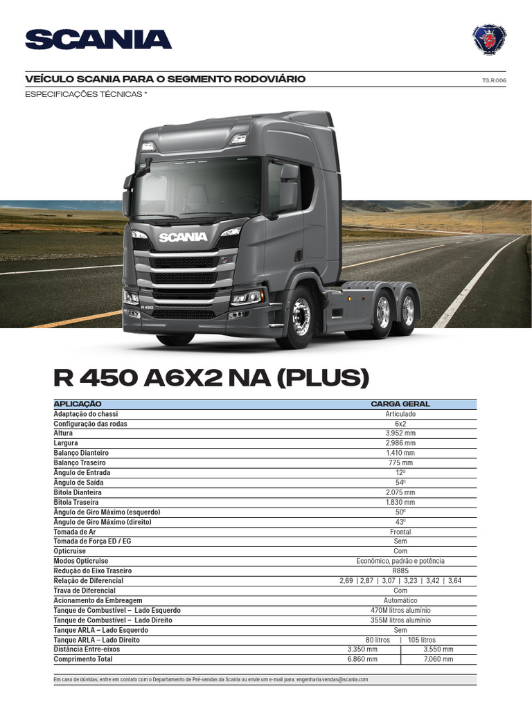 Ficha Técnica Scania R450 A6x2 | PDF | Eixo | Freio