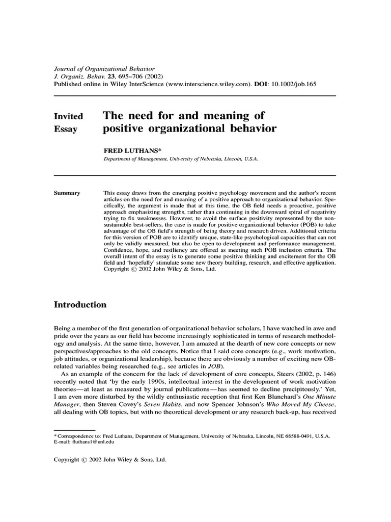 Luthans - The Need For and Meaning of Positive Organizational Behavior ...