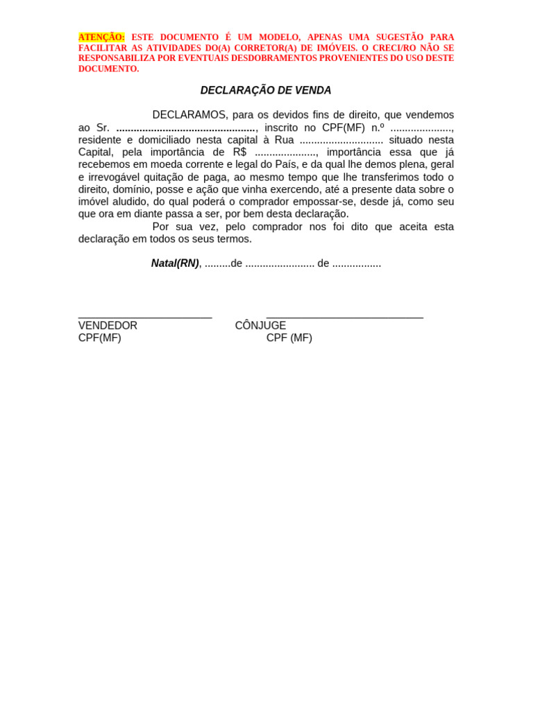Modelo Declaracao de Venda | PDF