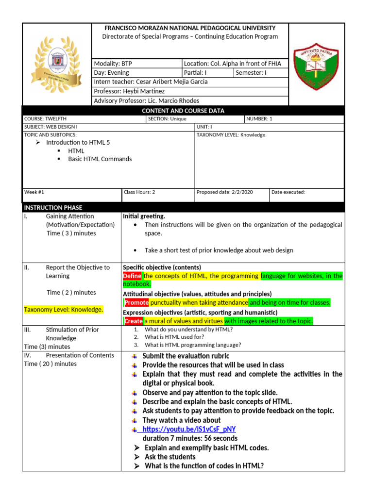 WEB DESIGN I CLASS PLAN (FIRST CLASS) KNOWLEDGE | PDF | Html | Web Design