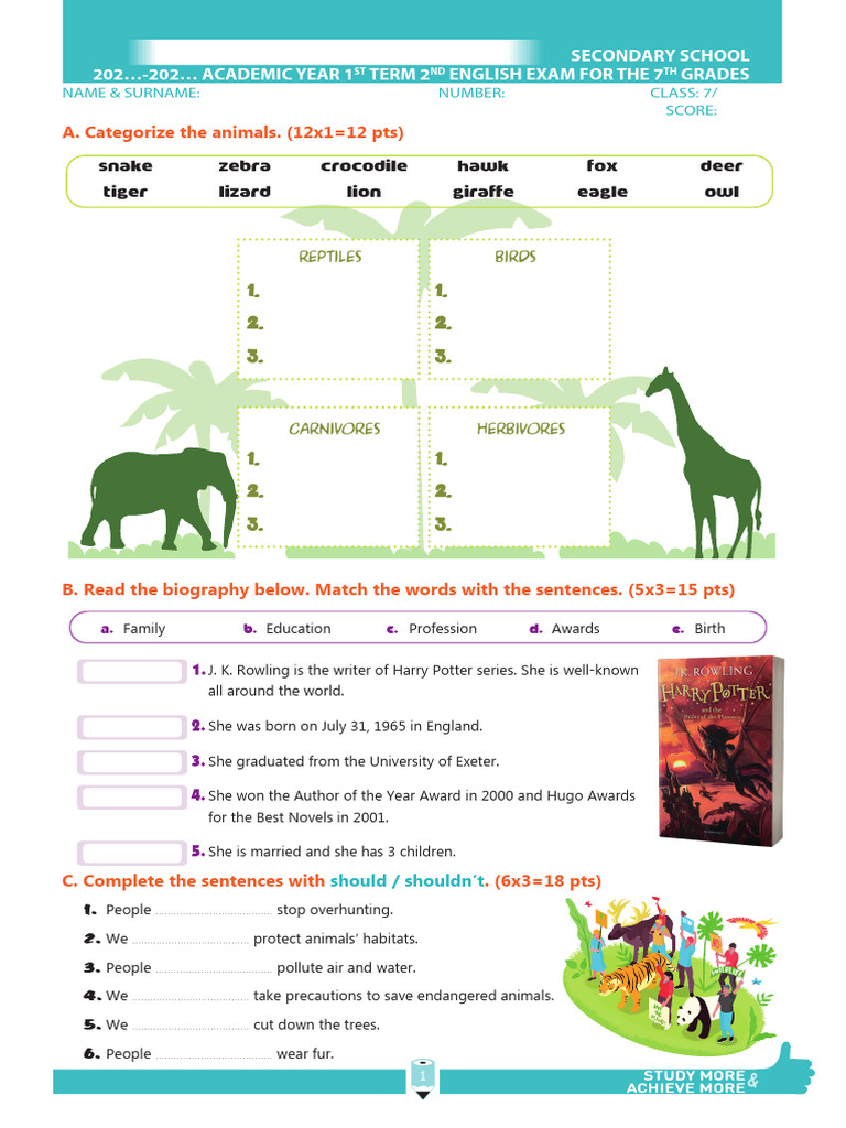 More & More 7th Grade - 1st Term - 2nd Exam | PDF | Elephant | Zoology