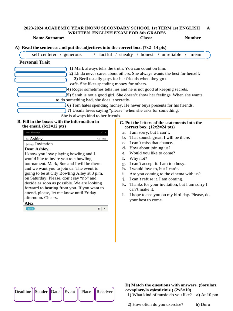 More & More 8th Grade - 1st Term - 1st Exam | PDF